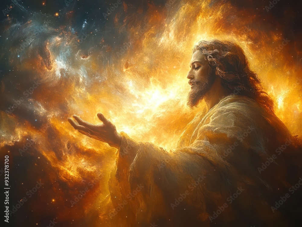 ethereal depiction of jesus with outstretched hand radiant light ...