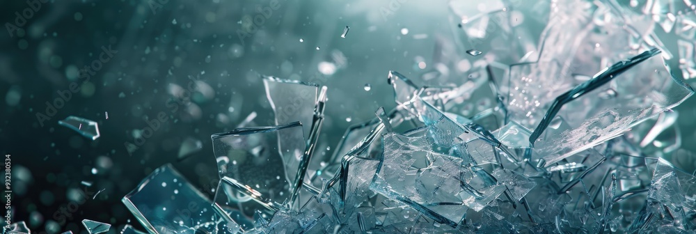 Transparent glass broken into sharp fragments on a dark surface ...