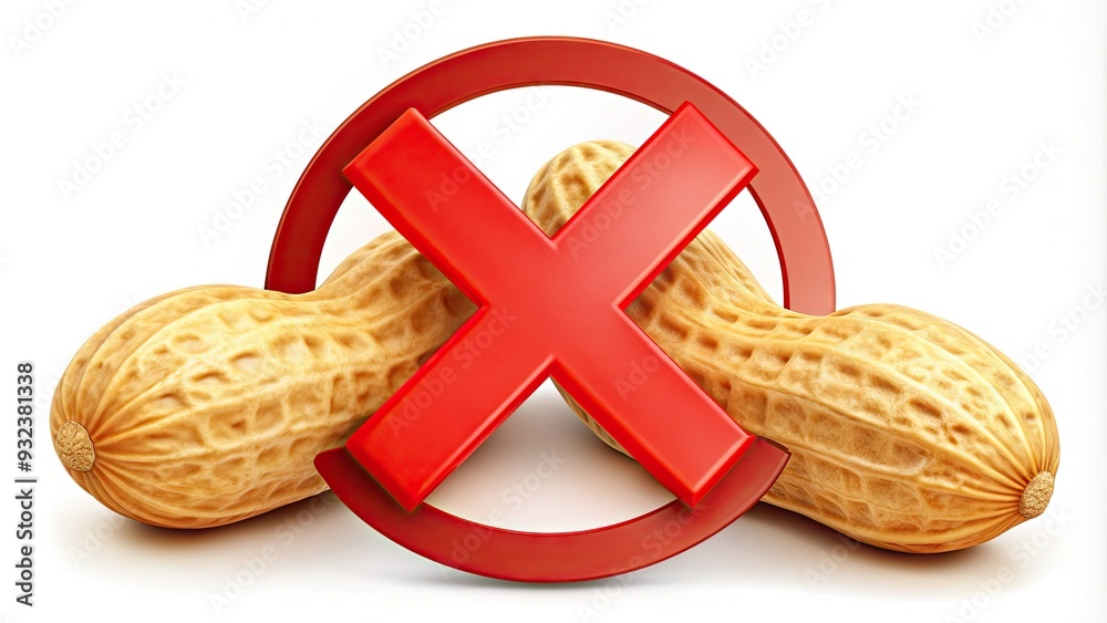 Illustrated warning symbol featuring a bold red X mark and a peanut ...