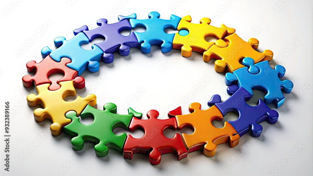 Interconnected puzzle pieces form a circular shape, symbolizing unity ...