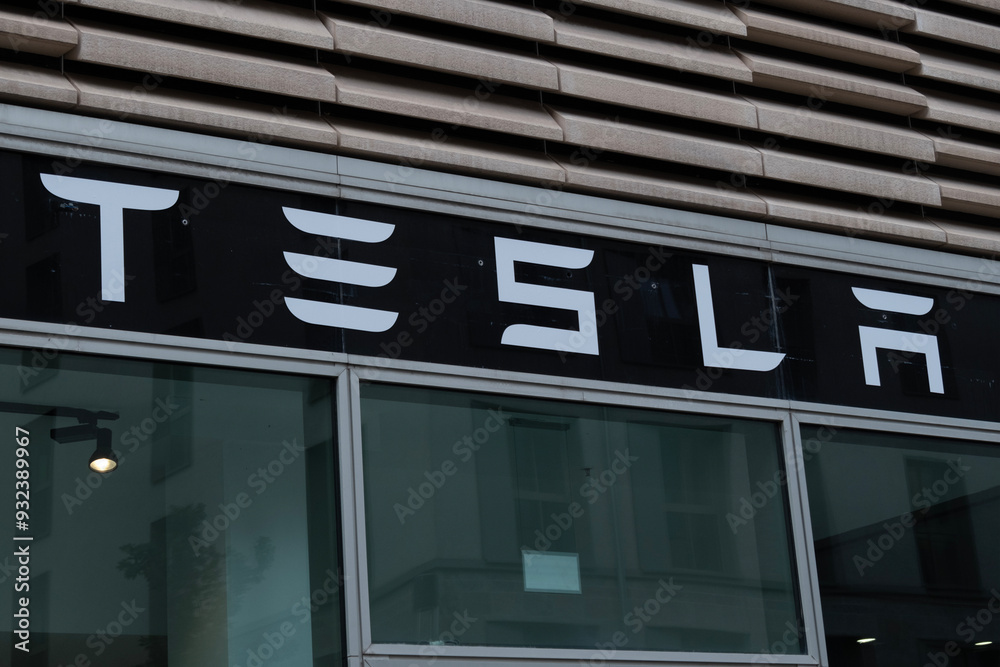 Tesla showroom, office building with prominent iconic Tesla logo on ...