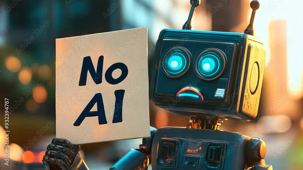 funny meme of AI, old style vintage robot holding sign " NO AI" Stock ...