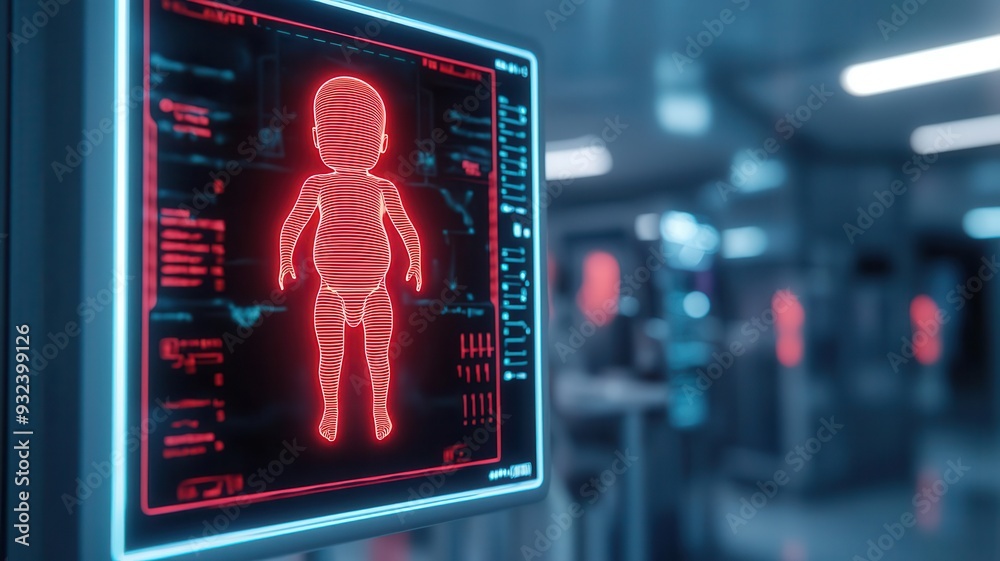 Virtual baby development, neon holographic display, advanced AI ...