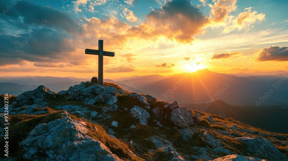 A wooden cross silhouetted against a vibrant sunrise, standing atop a ...
