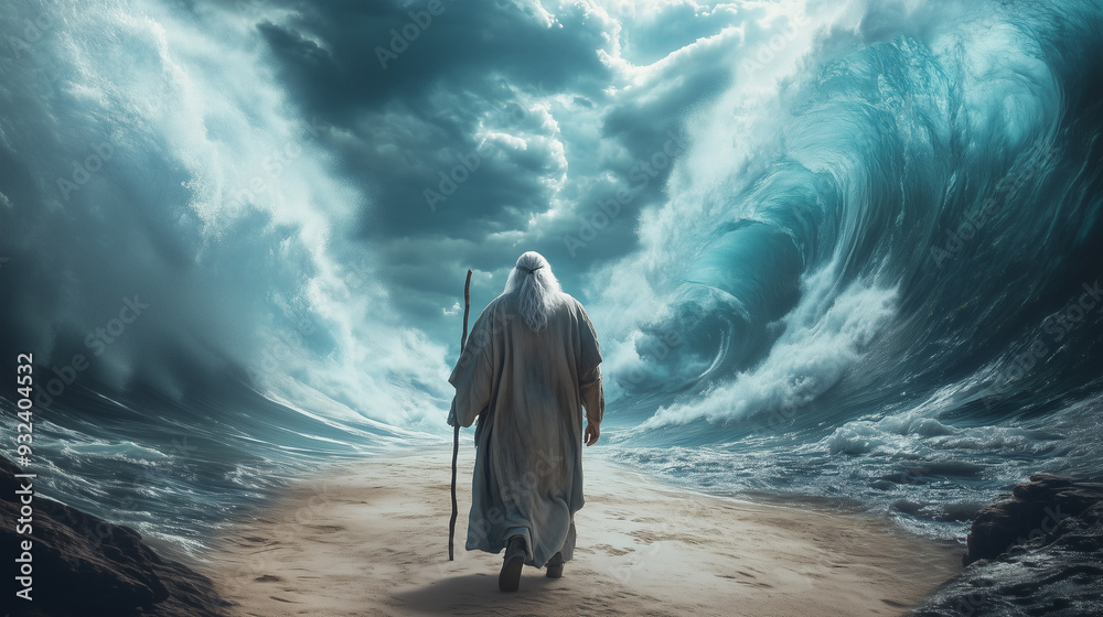 Um representação bíblica de Moisés com um cajado abrindo o Mar Vermelho ...