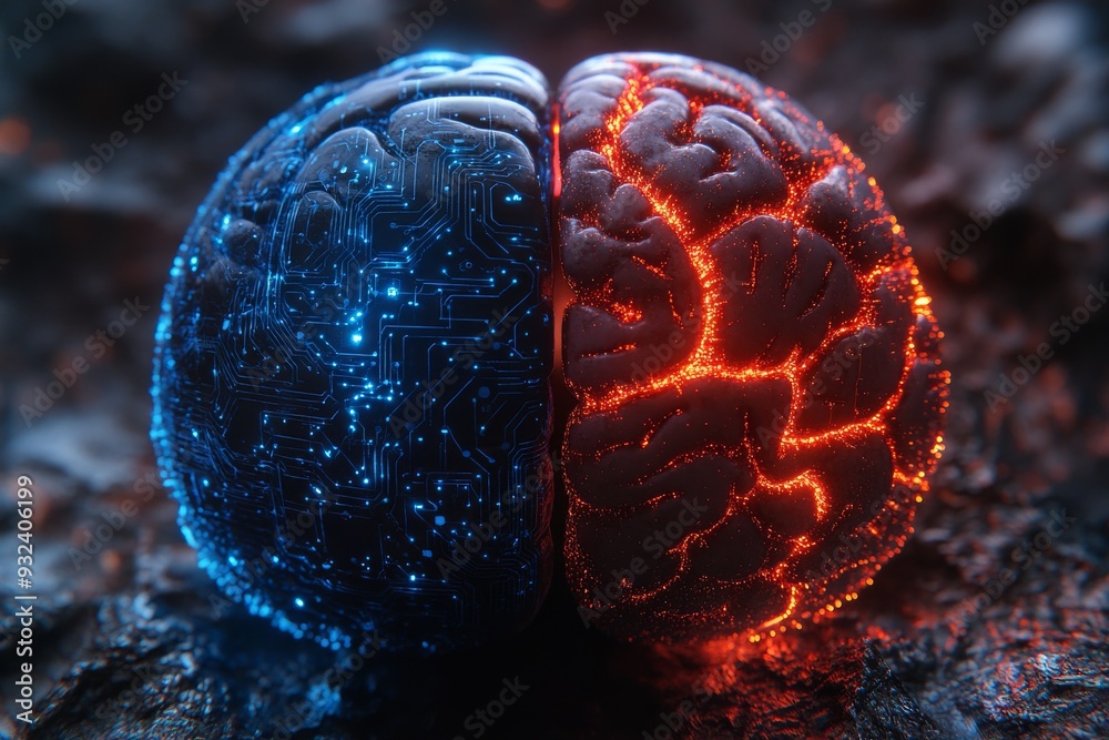 Glowing dual hemispheres of the brain, featuring neural networks ...