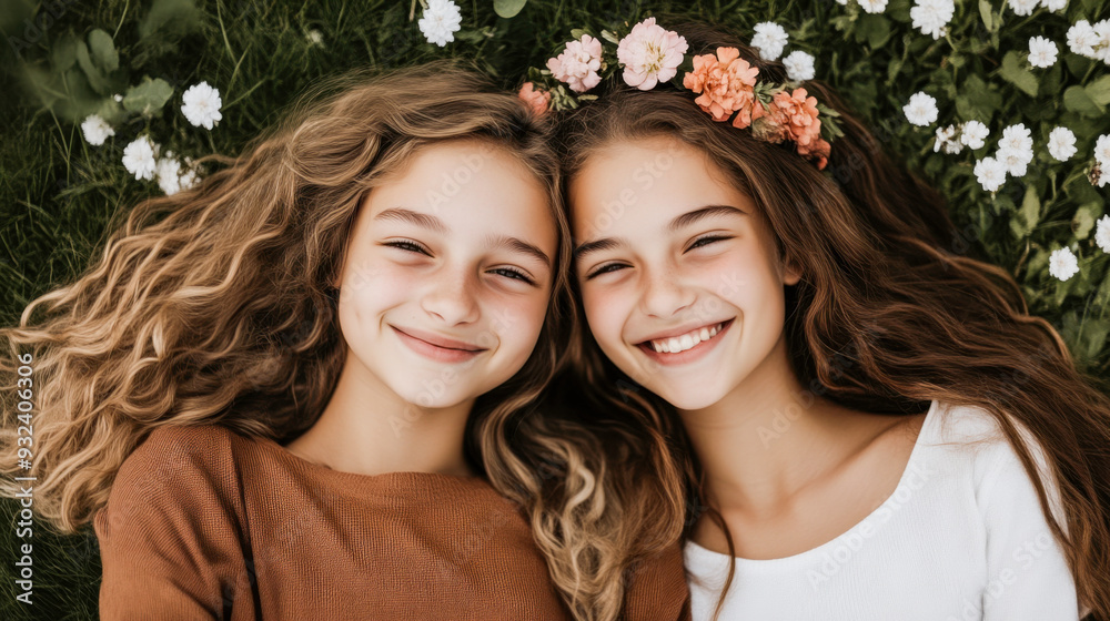 Two girls with long hair are smiling and posing for a picture Stock ...