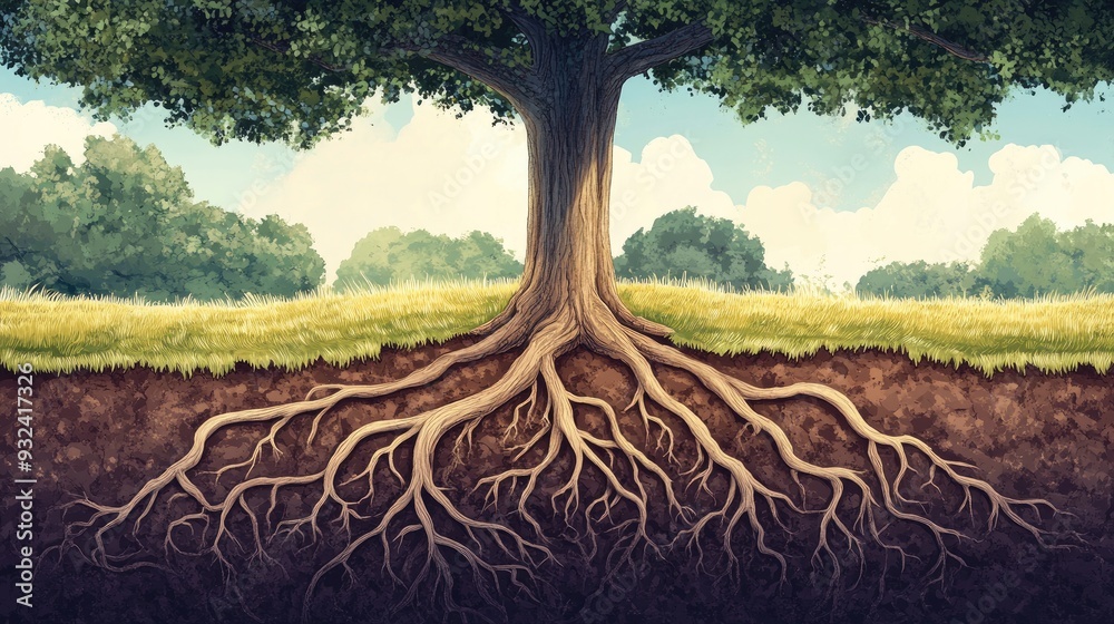 An artistic depiction of a tree's underground roots, showing their ...