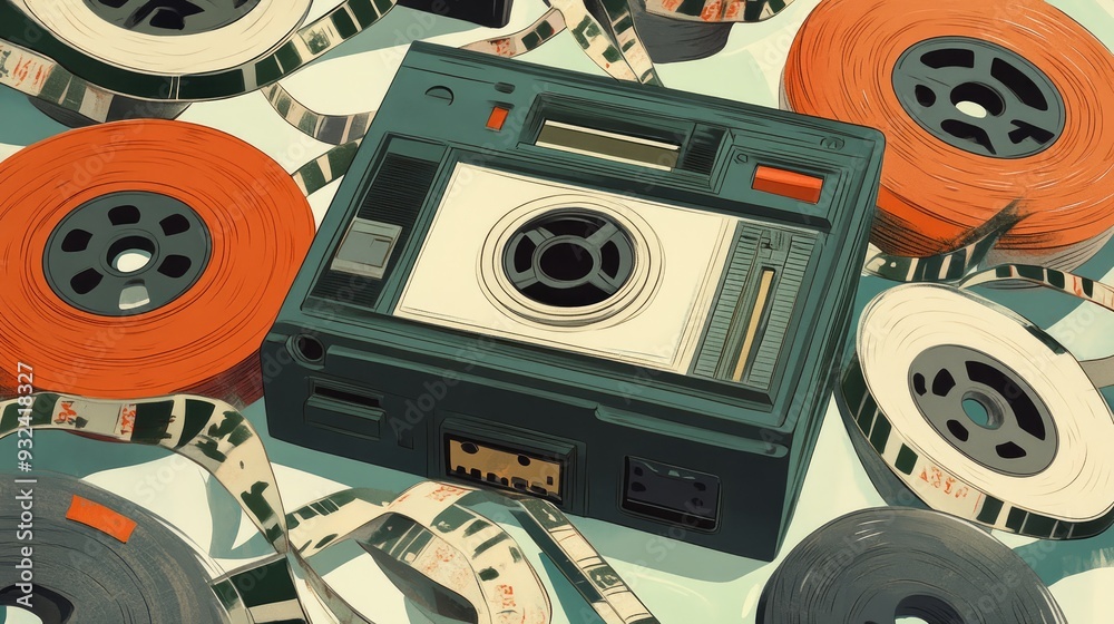 An illustrated retro movie cassette camera, surrounded by old cinema ...