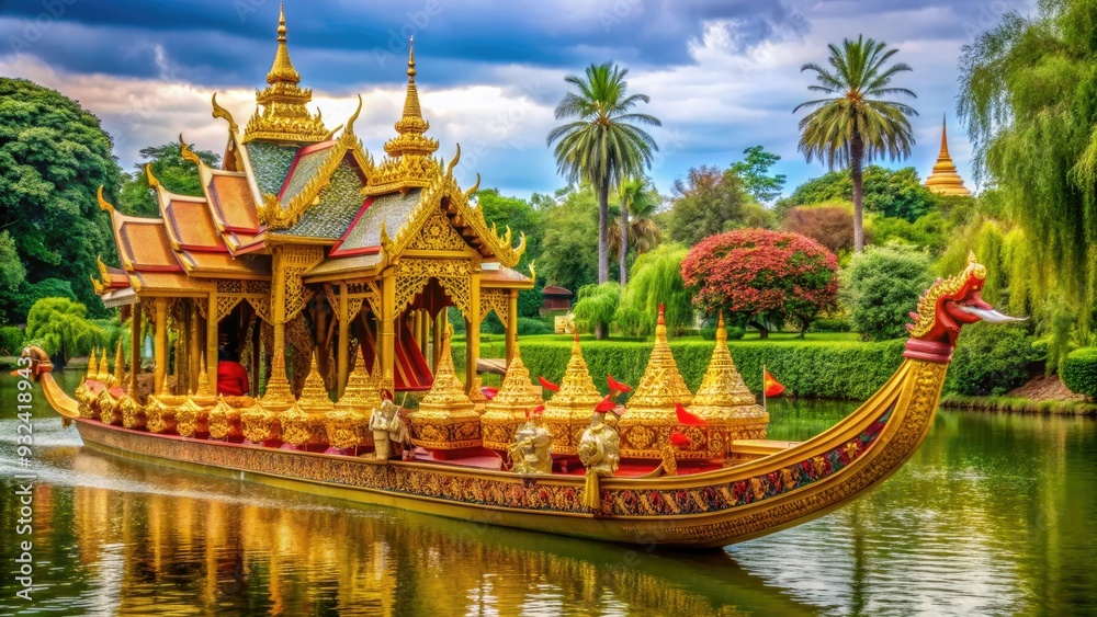 Majestic golden royal barge adorned with intricate carvings and ...