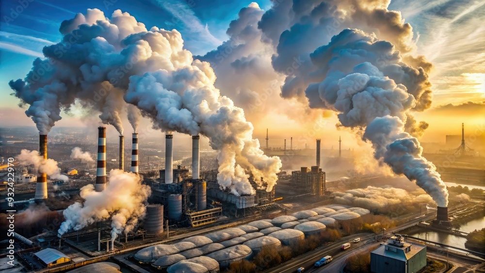 Massive industrial complex emitting thick, white smoke and carbon ...