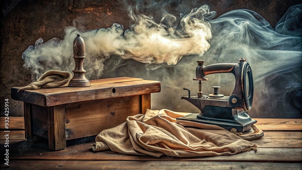 Misty steam rises from old-fashioned flat iron on worn wooden table ...