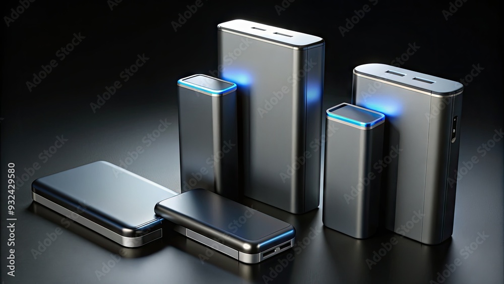 Modern high-capacity lithium-ion batteries and power banks lined up on ...