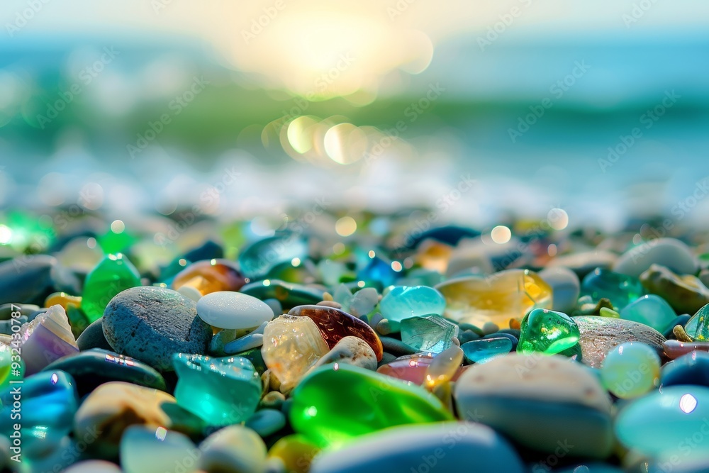 Colorful gemstones on a beach polish textured sea glass and stones on ...