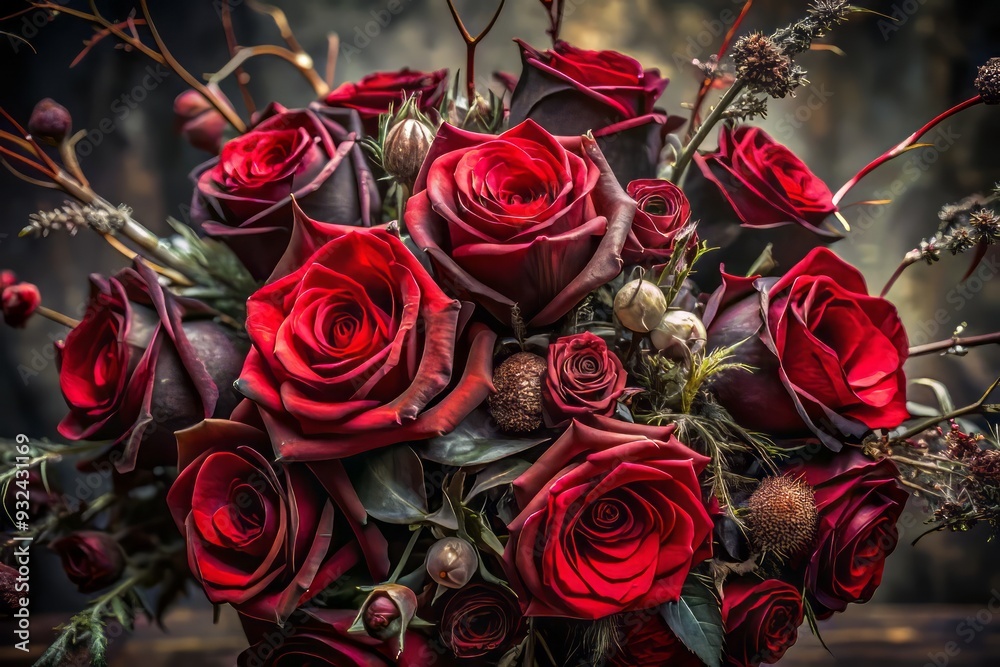Deep crimson roses stretch towards the darkness, tangled in thorny ...