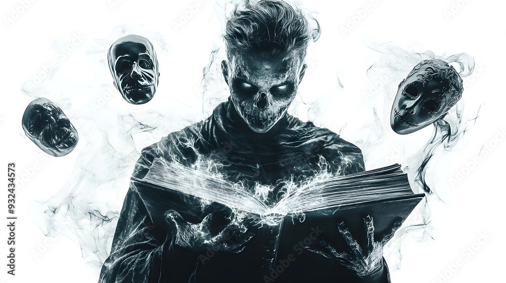 An ominous scholar with a glowing book, Halloween masks floating around ...