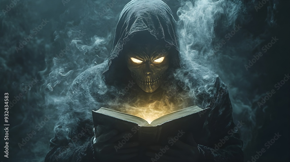 An ominous scholar with a glowing book, Halloween masks floating around ...