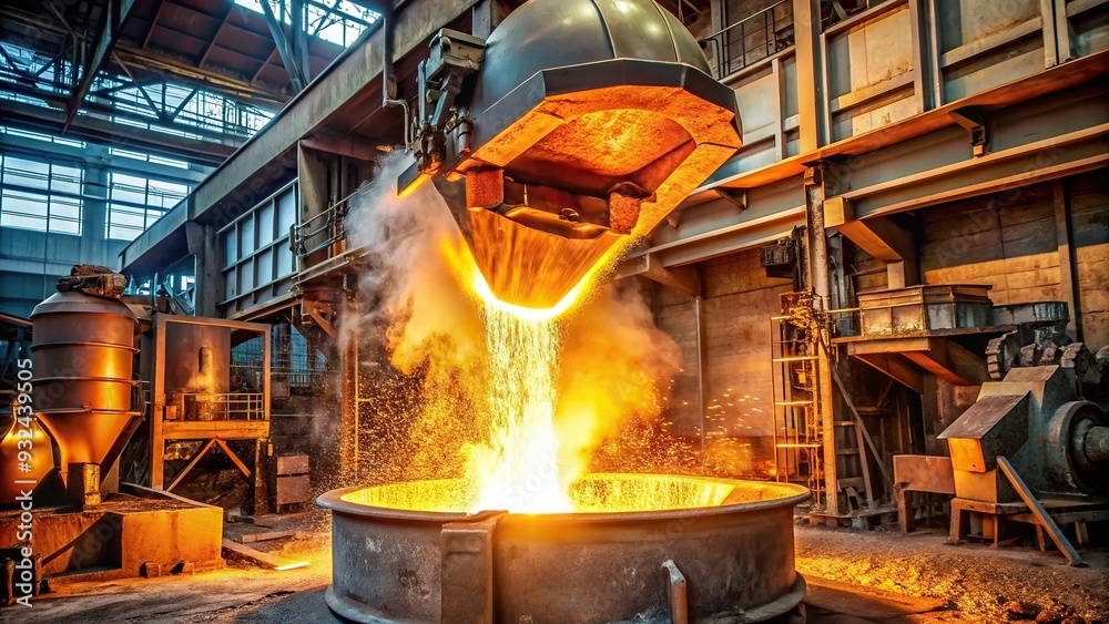 Pouring of liquid metal in open hearth furnace seen from a worm s eye ...