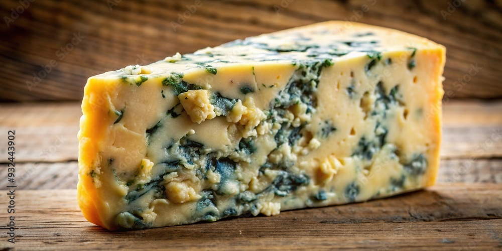 A close up of a slice of Stilton English cheese covered in blue mold ...