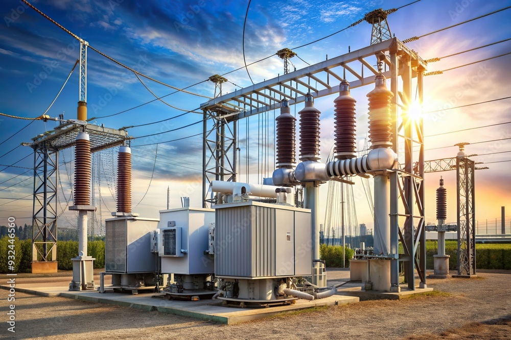 Illustration depicting a high voltage power transformer substation ...