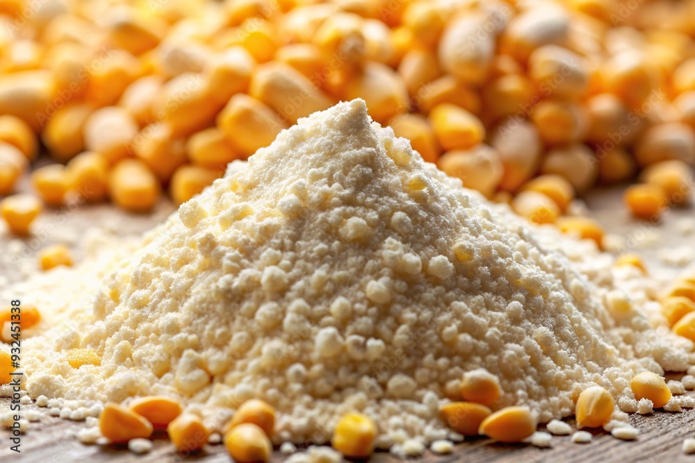 Scattered dry corn flour is captured from a tilted angle with a shallow ...