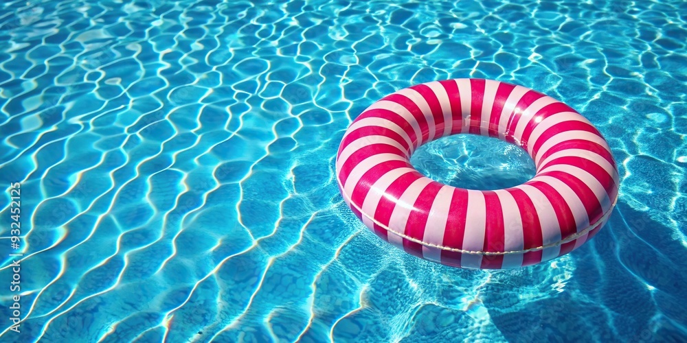 Bright pink and white striped inflatable ring floating in a sparkling ...