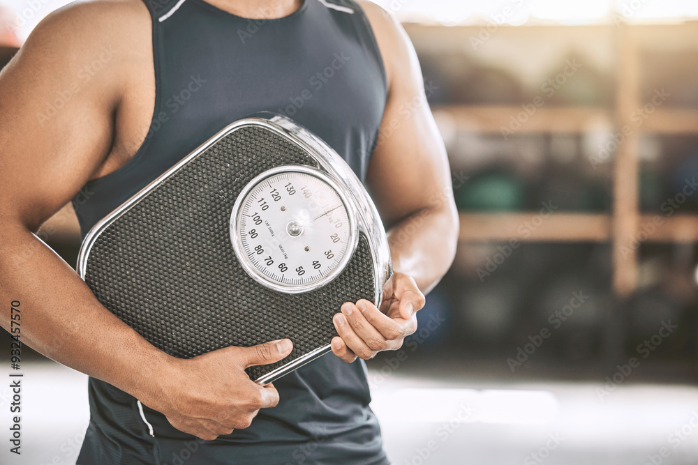 Fitness, scale and hands of man in gym for lose weight, progress and ...