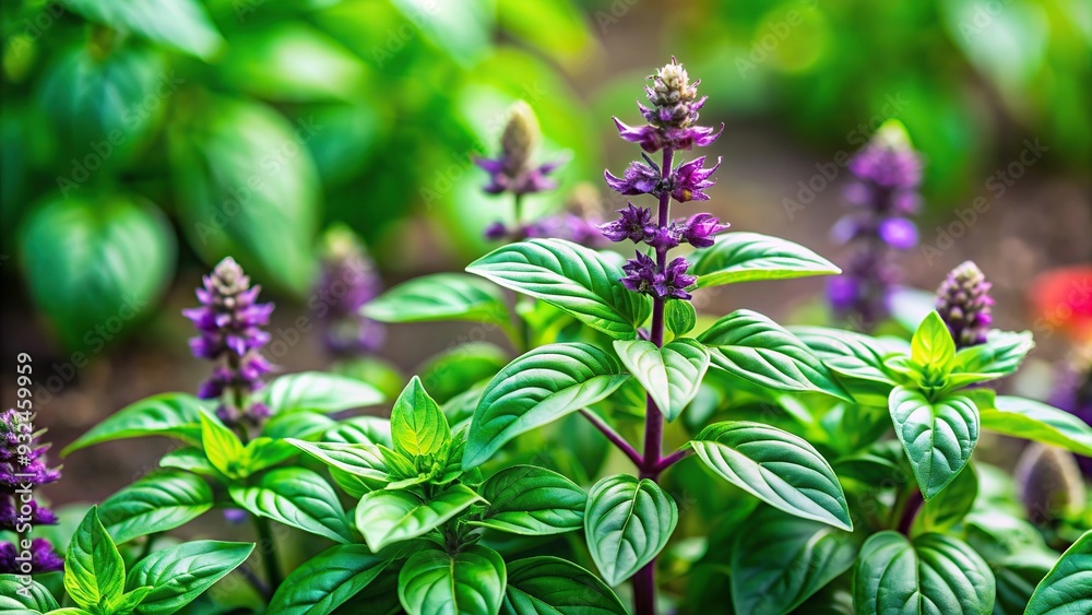 thriving, Basil thriving with vibrant green leaves and small purple ...