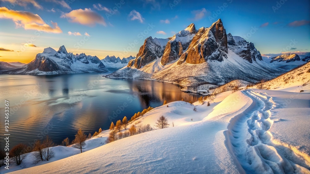 Scenery of a majestic snow mountain with a visible footprint on Segla ...