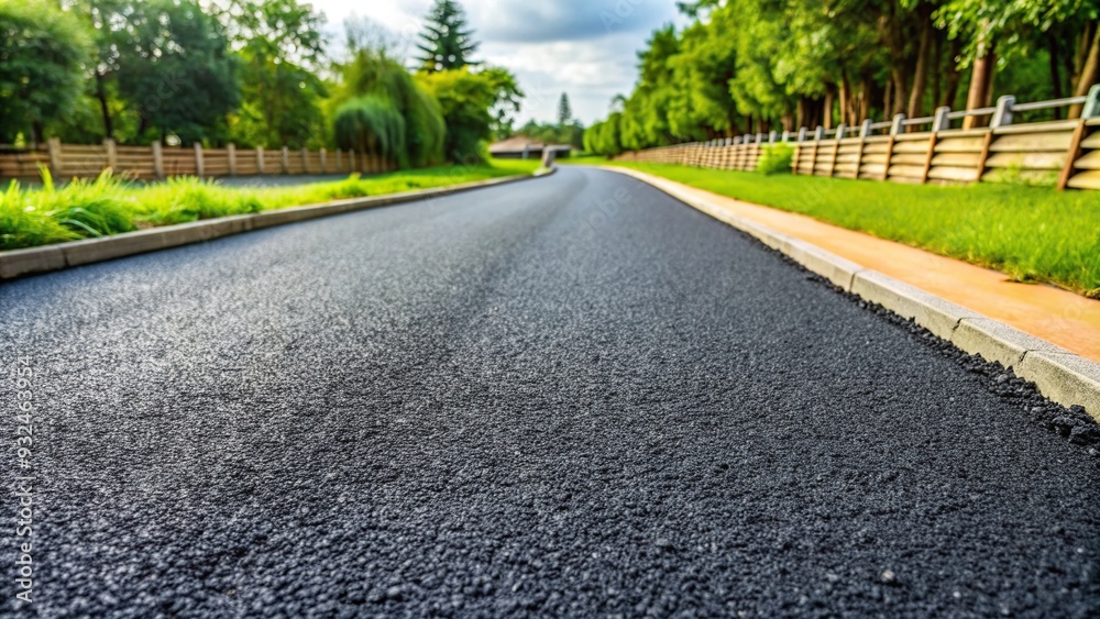 A freshly laid black bitumen asphalt road with a raised edge creating a ...