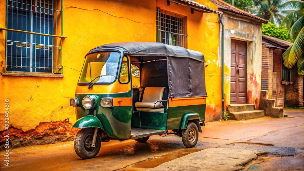 Indian tuk tuk parked on a street in Gokarna Karnataka at eye level ...