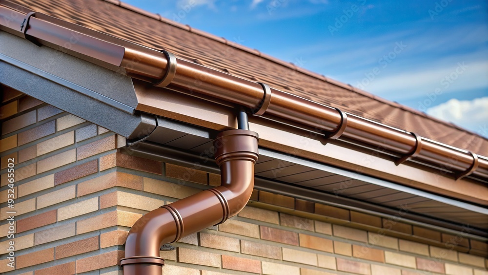 ภาพประกอบสต็อก Brown PVC gutter connected to downpipe on roof edge ...