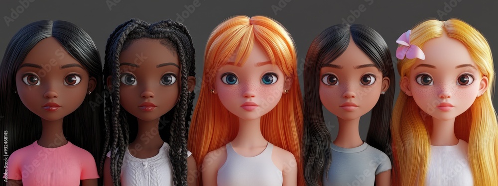 3D Cartoon Collage of Diverse Young Girls with Various Skin Colors and ...