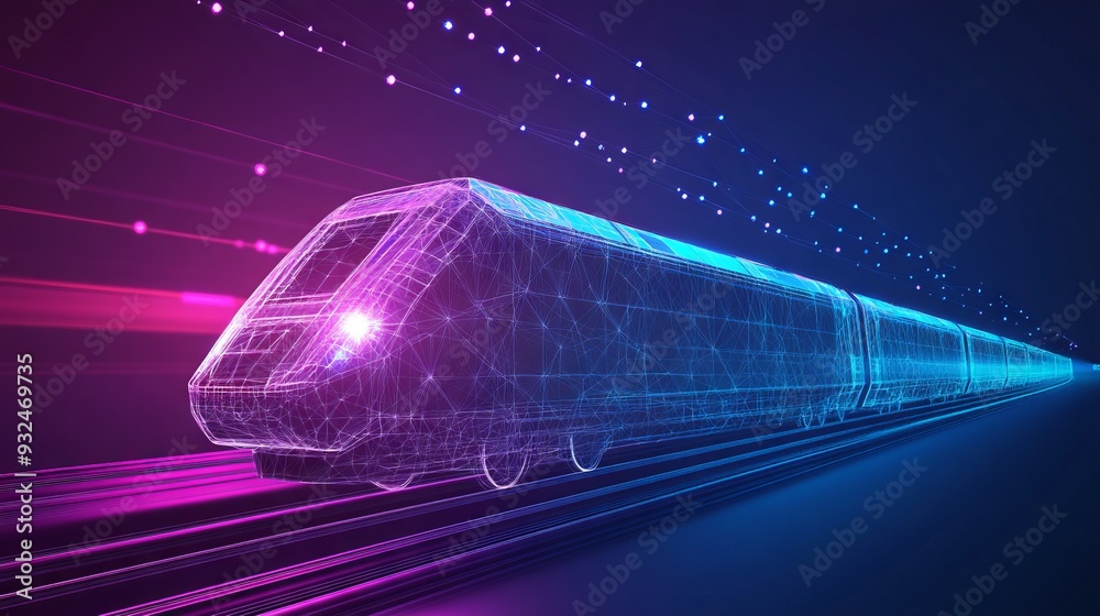 Digital low poly wireframe of futuristic high-speed train. Future logistics, modern technology ...