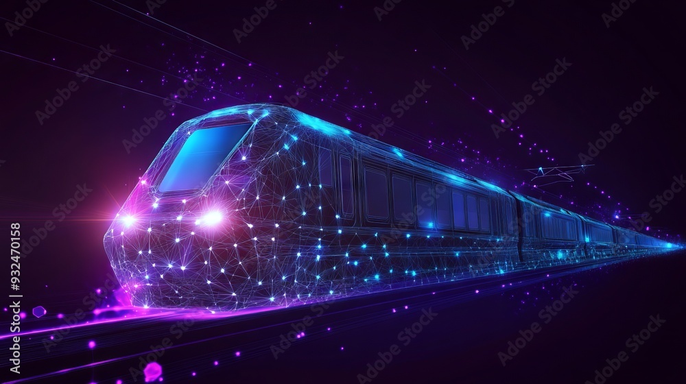 Digital low poly wireframe of futuristic high-speed train. Future logistics, modern technology ...