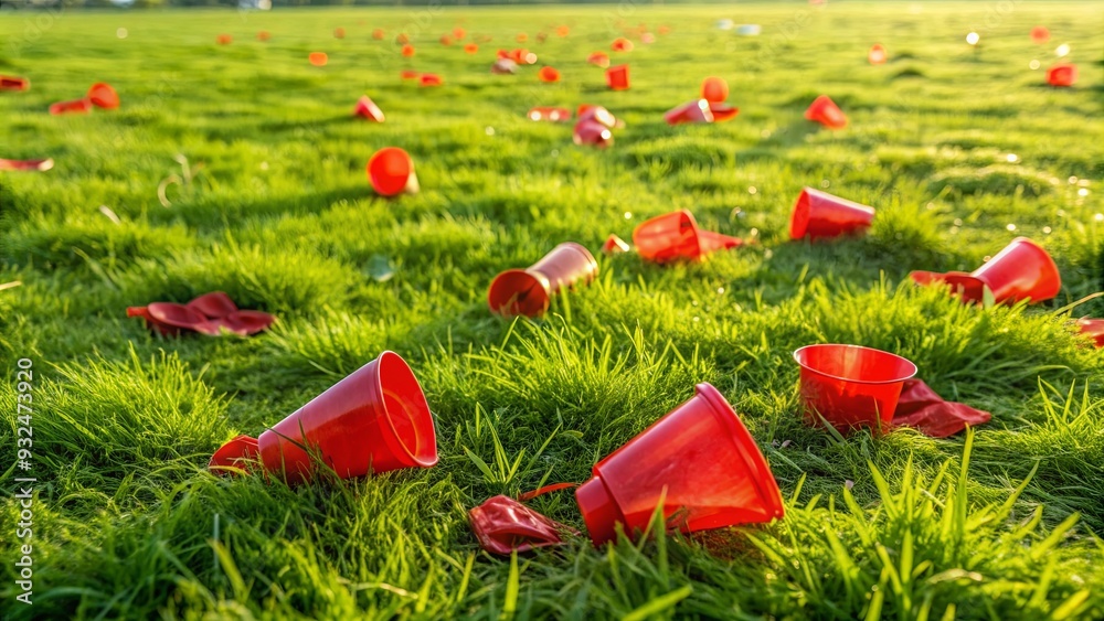 Red plastic litter strewn across vibrant green grass after a concert ...