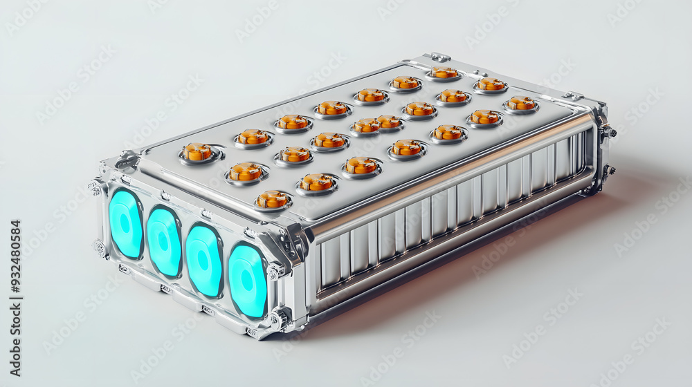 An EV battery module with cylindrical cells, depicted in a realistic ...