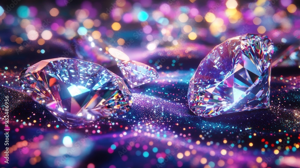 Various types of diamonds cascading over a neon dots landscape, set in ...