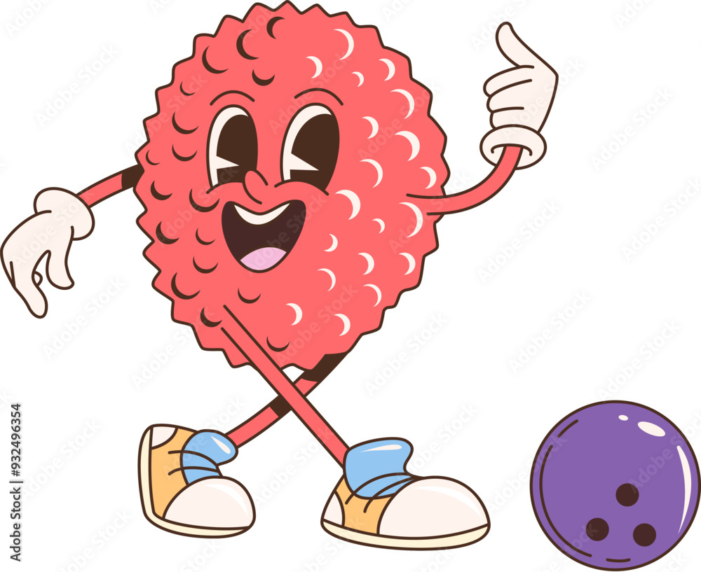 Retro cartoon groovy lychee fruit character playing bowling. Isolated ...