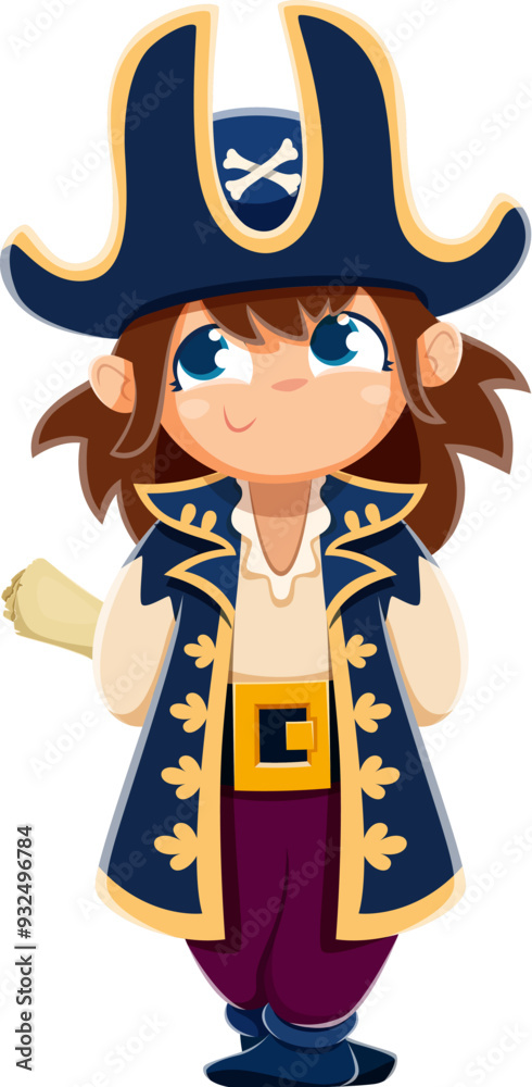 Cartoon kid girl pirate corsair or captain with map and tricorne hat, vector character. Funny ...