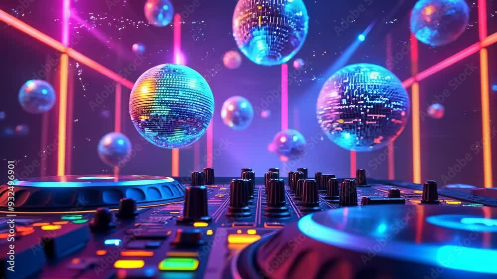 DJ console dominates neon-lit cosmic nightclub. Floating disco ball ...