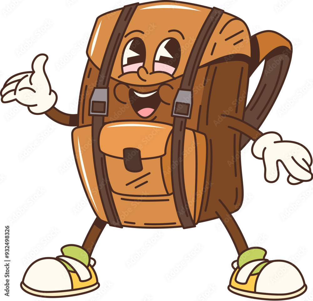 Cartoon groovy travel backpack character. Isolated vector ...
