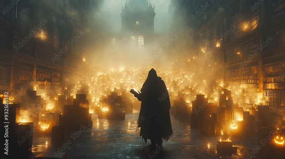 Halloween card featuring ancient library floating glowing books shadowy ...