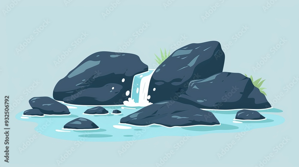 Visual of a bubbling brook over rocks flat design side view refreshing ...