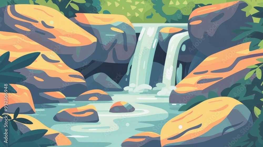 Visual of a bubbling brook over rocks flat design side view refreshing ...