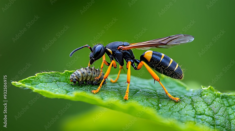 semi close-up of a Great Black Wasp hunting a caterpillar on a garden ...