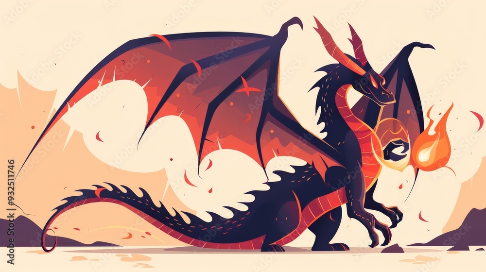 Visual of a dragon casting spells flat design side view sorcerer beast ...