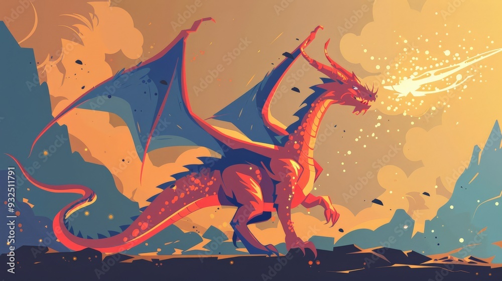 Visual of a dragon casting spells flat design side view sorcerer beast ...