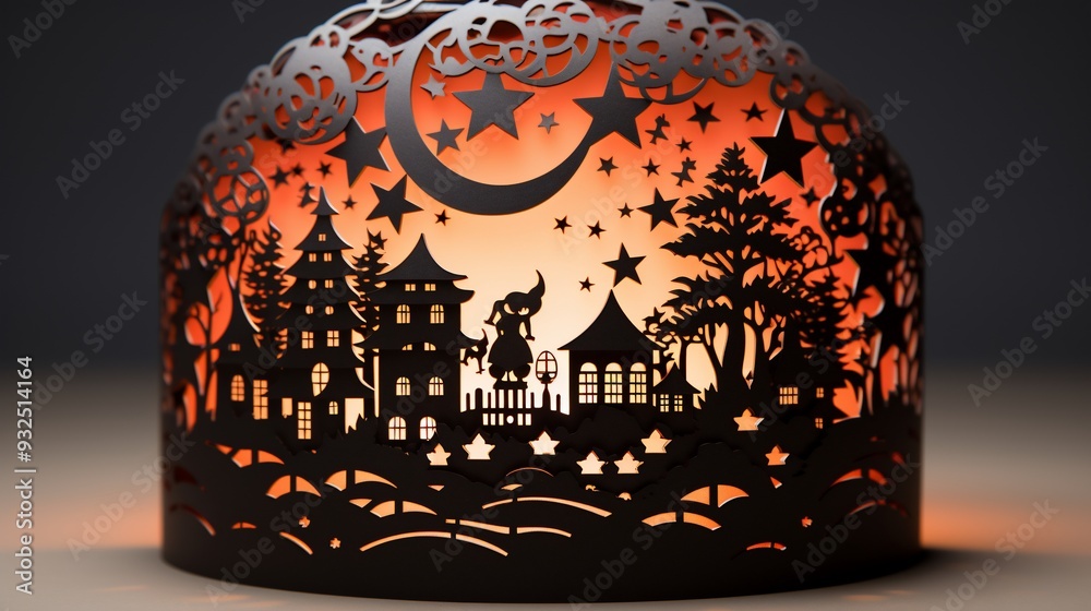 Halloween card where the top border is lined with 3D witches flying on ...