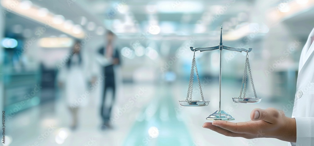 Doctor holding scale model of scales of justice in medical ethics ...
